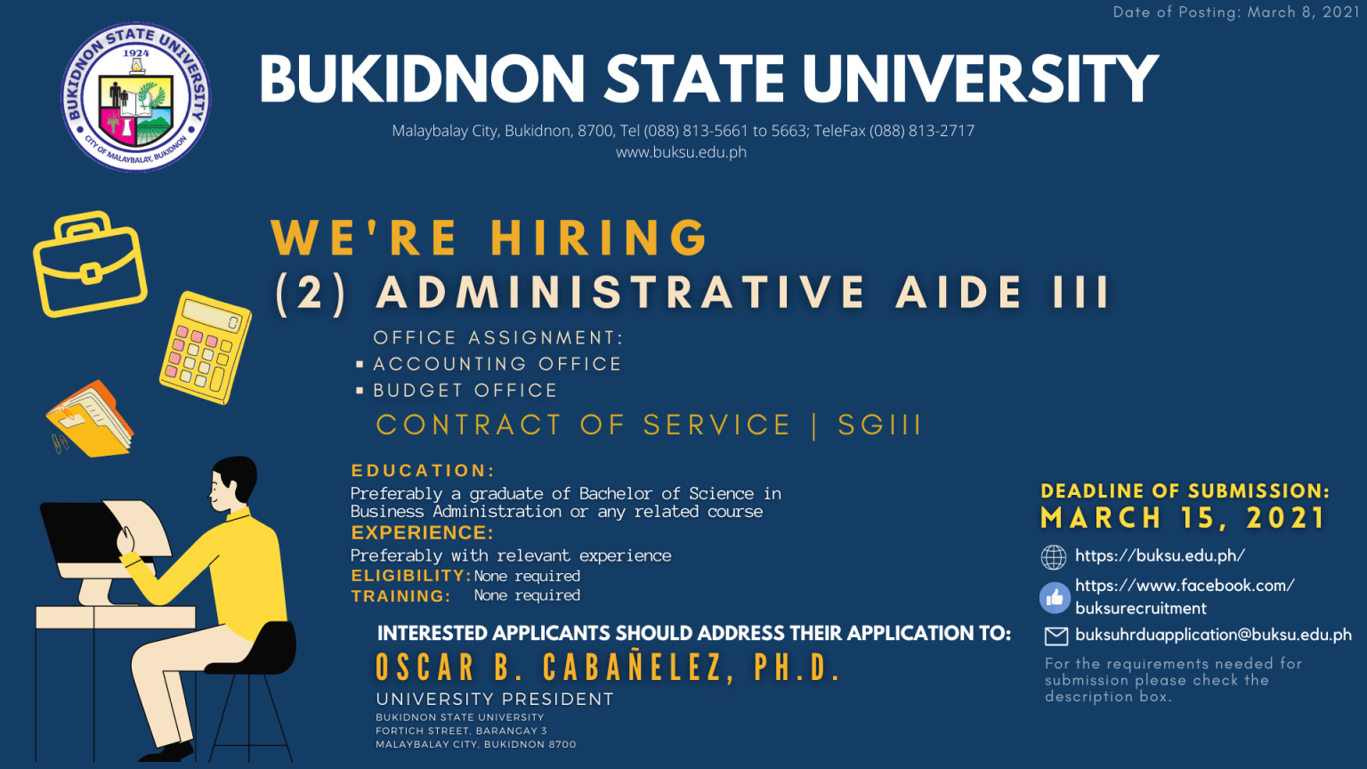 We're Hiring (2) Administrative Aide III - Bukidnon State University