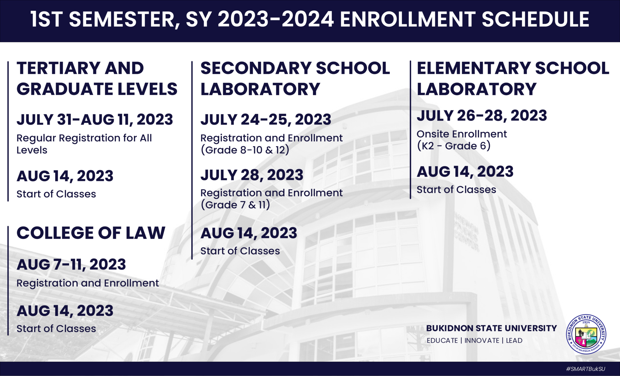 BUKSU ENROLLMENT SCHEDULE FOR THE 1ST SEMESTER SY 2023-2024 - Bukidnon ...
