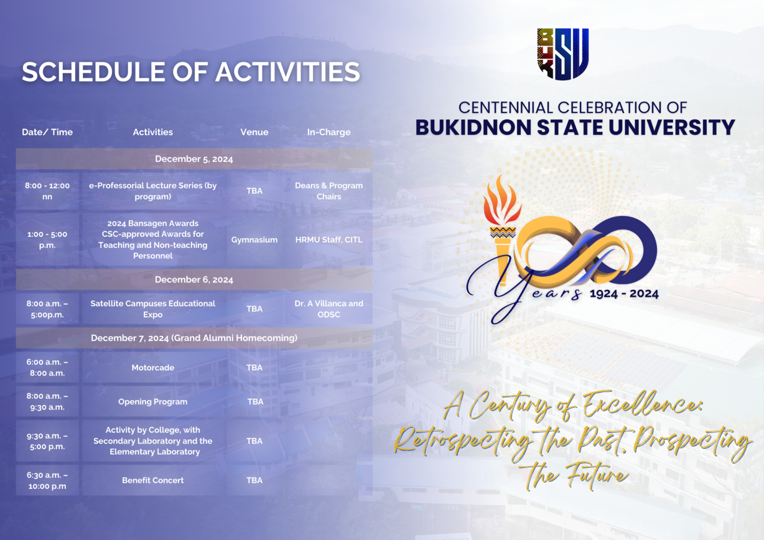 HERE IS THE LINE-UP OF ACTIVITIES FOR BUKSU’S CENTENNIAL CELEBRATION - Bukidnon State University